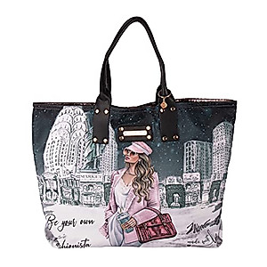 Nicole Lee Reversible 2-Sided Large Oversized Shopper Tote, Fashion Print, Metallic Travel Shoulder Bag (Sara is Soft but Strong)