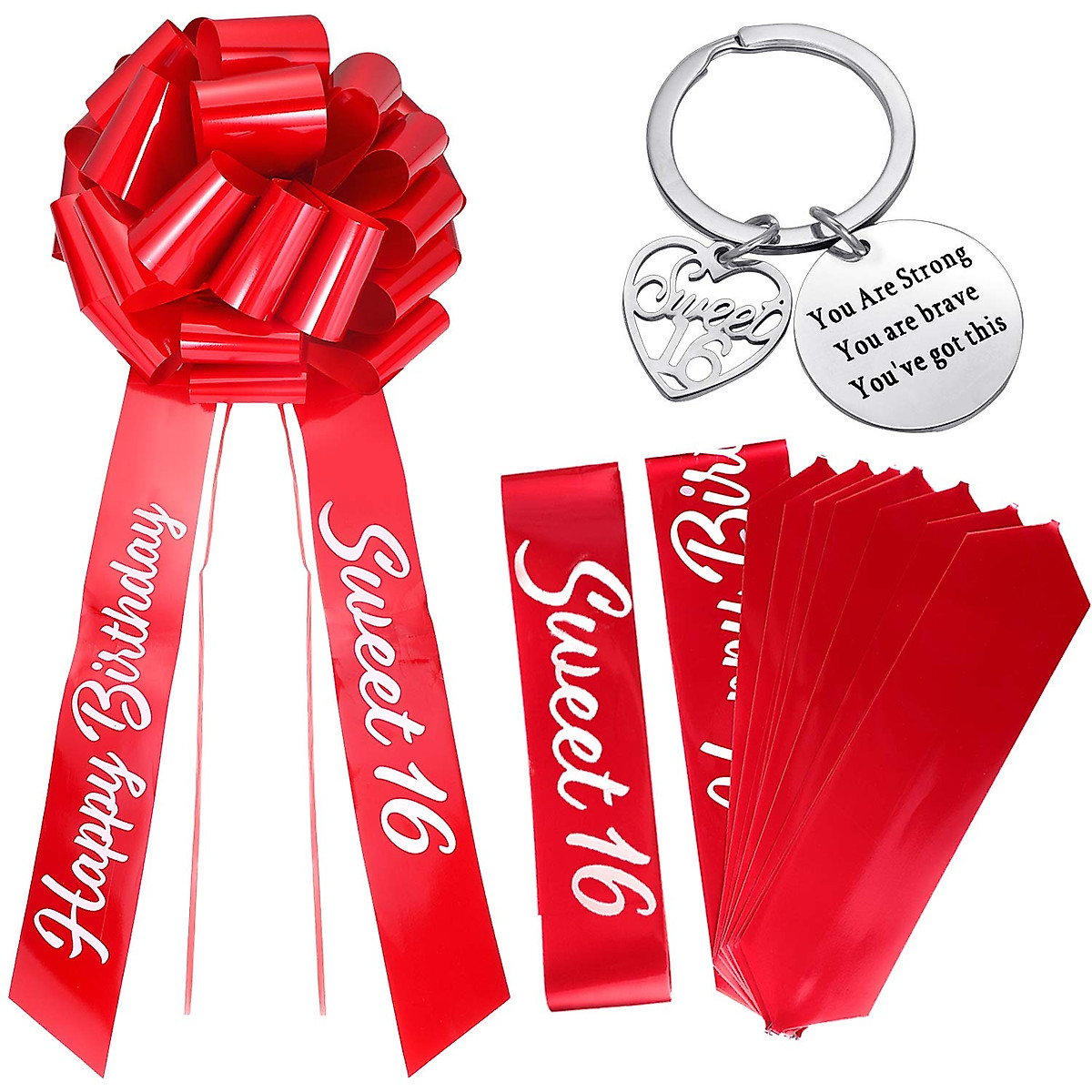 20 Inches Car Bow Sweet for Happy Birthday 16 Car Red Pull Bow Car Large Wrapping Bow Decoration with 20 Feet Car Ribbon and Sweet Keychain for 16th Birthday