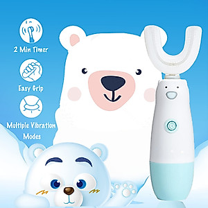 Meqtpomy Kids Electric Toothbrush，6 Cleaning Models U Shaped Toothbrush Waterproof Battery Powered 360 Automatic Sonic Toddler Toothbrushes for 8-13 Years Old for Boys Girls（Blue）