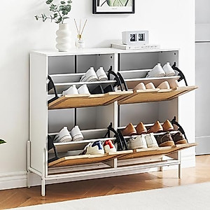 IDEALHOUSE Natural Rattan 4 Flip Door Shoe Cabinet Organizer Freestanding, Shoe Rack Storage Cabinet for Entryway with 3-Tier Adjustable Shelves for Slippers, Sneakers, Heels, Boots