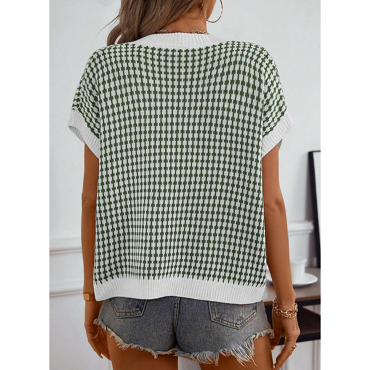 Dokotoo Summer Tops for Women 2025 Fashion Casual V Neck Batwing Short Sleeve Crochet Pullover Sweaters Vest Basic Plaid Loose Fit Lightweight Cute Shirts Comfy Cozy Cable Knit Tunic Tops Green XXL
