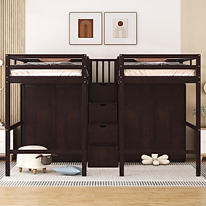 BIADNBZ Wooden Double Twin Size Loft Bed with Two Wardrobes and Staircase for Kids/Teens/Bedroom,Espresso