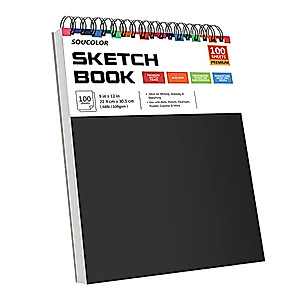 Soucolor 9" x 12" Sketch Book, 1-Pack 100 Sheets Spiral Bound Art Sketchbook, Acid Free (68lb/100gsm) Artist Drawing Book Paper Painting Sketching Pad