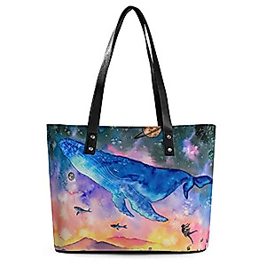 Womens Handbag Watercolor Whale Blue Leather Tote Bag Top Handle Satchel Bags For Lady