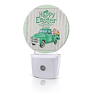 Night Light Plug into Wall, LED Nightlights Easter Green Truck with Eggs and Bunny Wood Grain Small Nightlight Auto Dusk-to-Dawn Sensor Lamp LED Night Lights for Kid's Bedroom, Bathroom