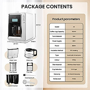 HAUSWIRT Coffee Maker with Grinder, Grind and Brew Coffee Maker with LCD Display, Automatic Drip Coffee Machine with Grind Size and 2 to 6-Cup Settings, Compatible for Bean Ground Coffee and Tea