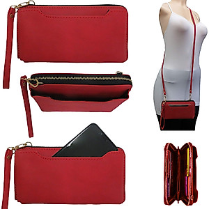 Faux Leather Women’s Cell Phone Wallet with Crossbody Strap and Wristlet (Red)
