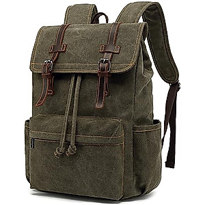 HuaChen Vintage Canvas Backpack, Mens Travel Rucksack for Laptop Hiking Bag (M83_Green)
