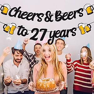 27th Birthday Decorations Cheers to 27 Years Banner for Men Women 27s Birthday Backdrop Wedding Anniversary Party Supplies Gold Glitter Decorations PRE Strung