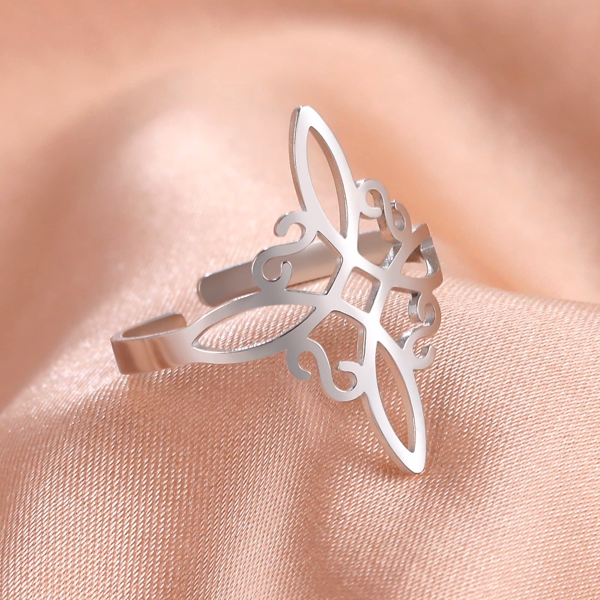 kkjoy Stainless Steel Witches Knot Ring Openworked Celtic Knot Adjustable Open Finger Rings Amulet Jewelry For Women