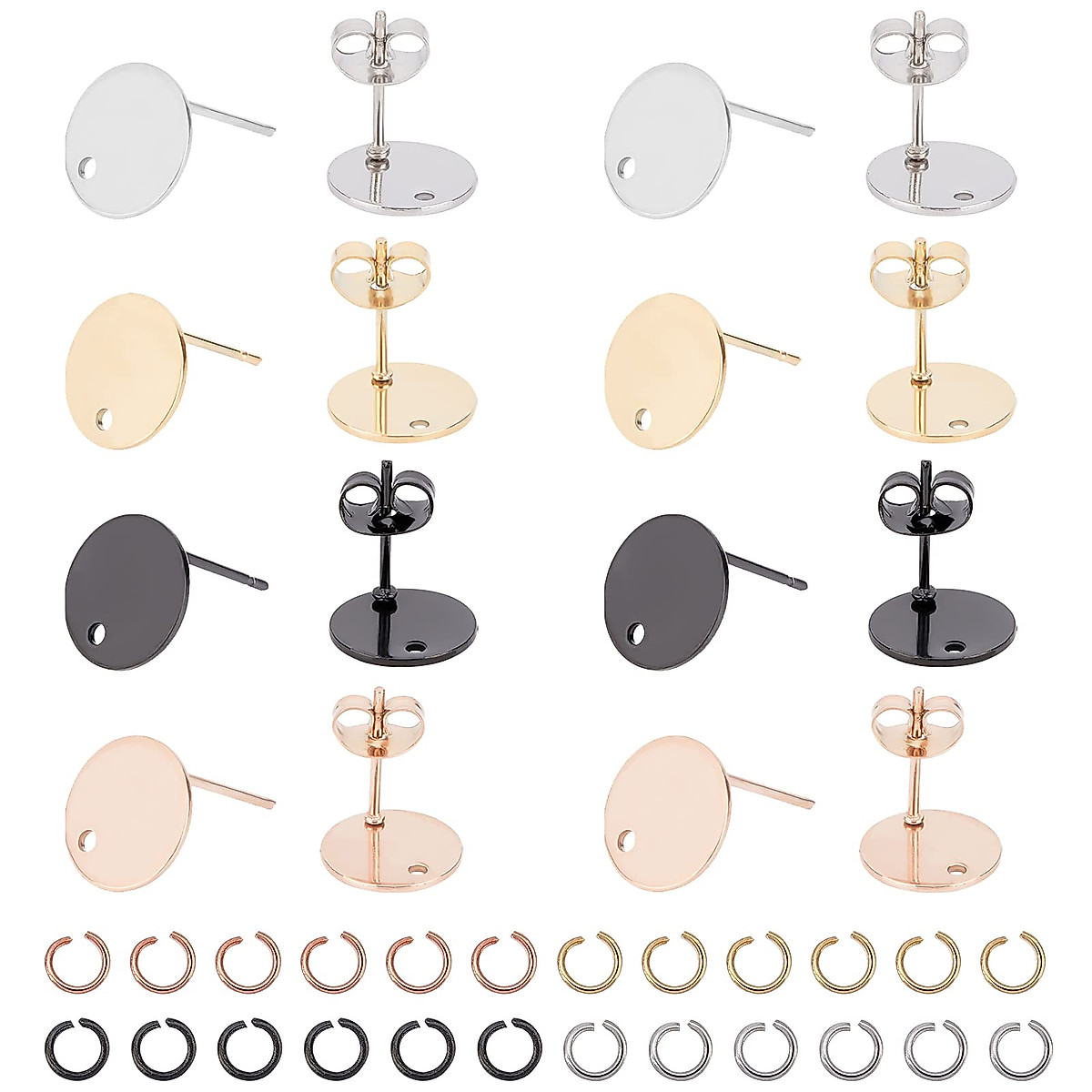 UNICRAFTALE 4 Mixed Colors Stud Earrings 40pcs(20Pairs) Stainless Steel Stud Earring with Ear Nuts 0.8mm Pin Flat Round Earring Post with Loop Earring Studs Components for Jewelry Making