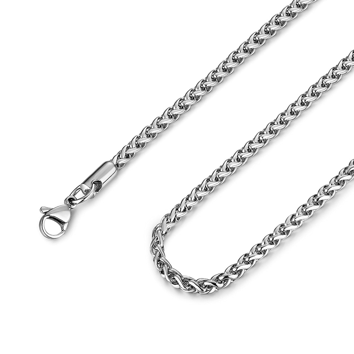 HZMAN 3.0mm Stainless Steel Wheat Silver Chain Necklaces for Men & Women 16" -30"