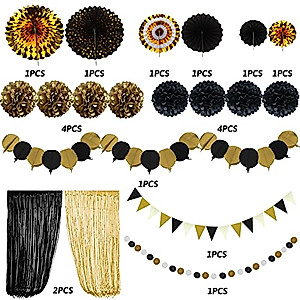 ZERODECO Gold and Black Party Decorations, Hanging Paper Fan Pom Poms Pennant Garland String Banner Fringe Curtains Birthday Parties Graduation Wedding Happy New Year Eve Party Decorations