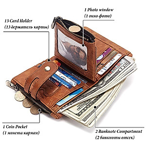 boshiho Real Leather RFID Blocking Bifold Wallets for Men Double Zipper Coin Pocket Purse with Anti-Theft Chain (Khaki)