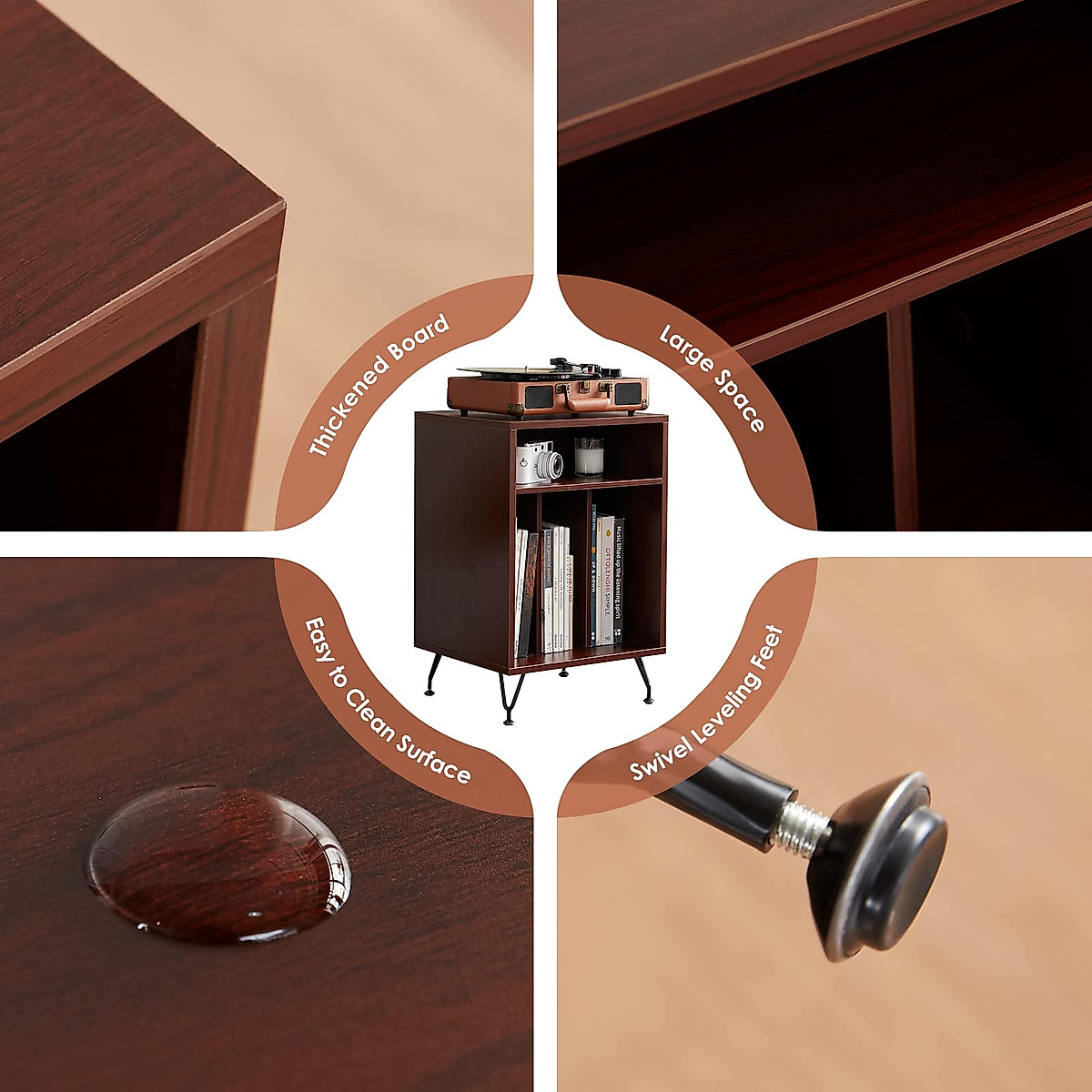 Record player stand, Record Player Stand with Storage, Record Player Table for Living Room, Bedroom, Turntable Stand Record Player Cabinet with Swiveling Height Adjustment Metal Feet Legs