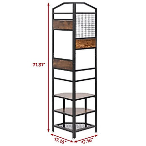 DOEWORKS 4-Tier Corner Industrial Hall Tree, Freestanding Entryway Coat Storage Rack with Hooks and Wooden Storage Shelves, Black