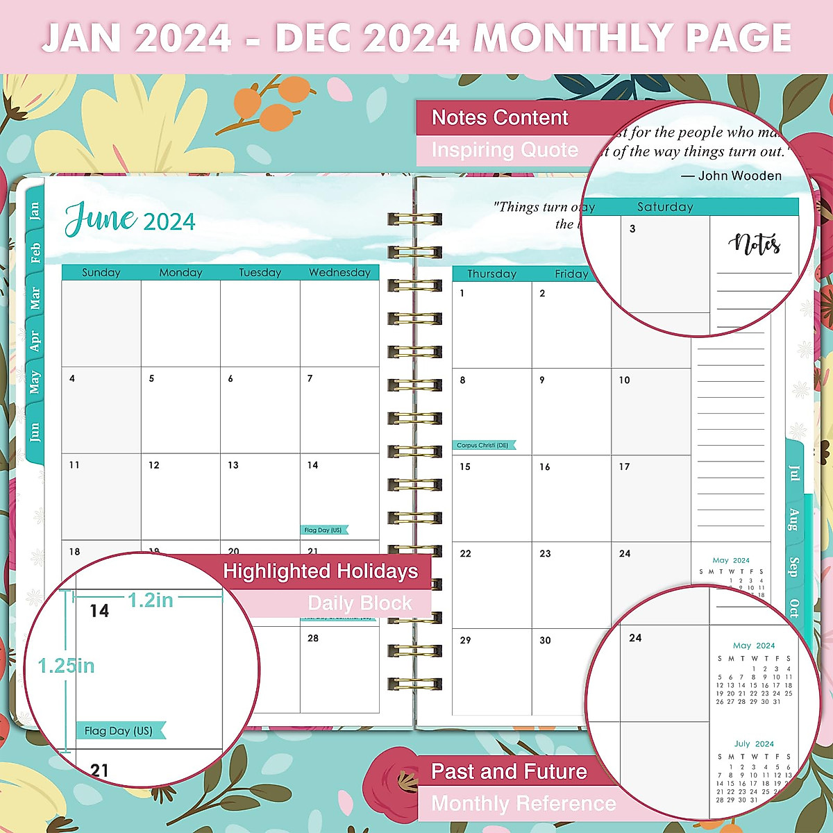 2023 Planner – Weekly ＆ Monthly Planner 2023, Jan 2023 – Dec 2023, 6.4" x 8.5" with 12 Monthly Tabs, Flexible Hardcover, Thick Paper, Inspirational Quotes, Strong Spirals Wirebound Organizer