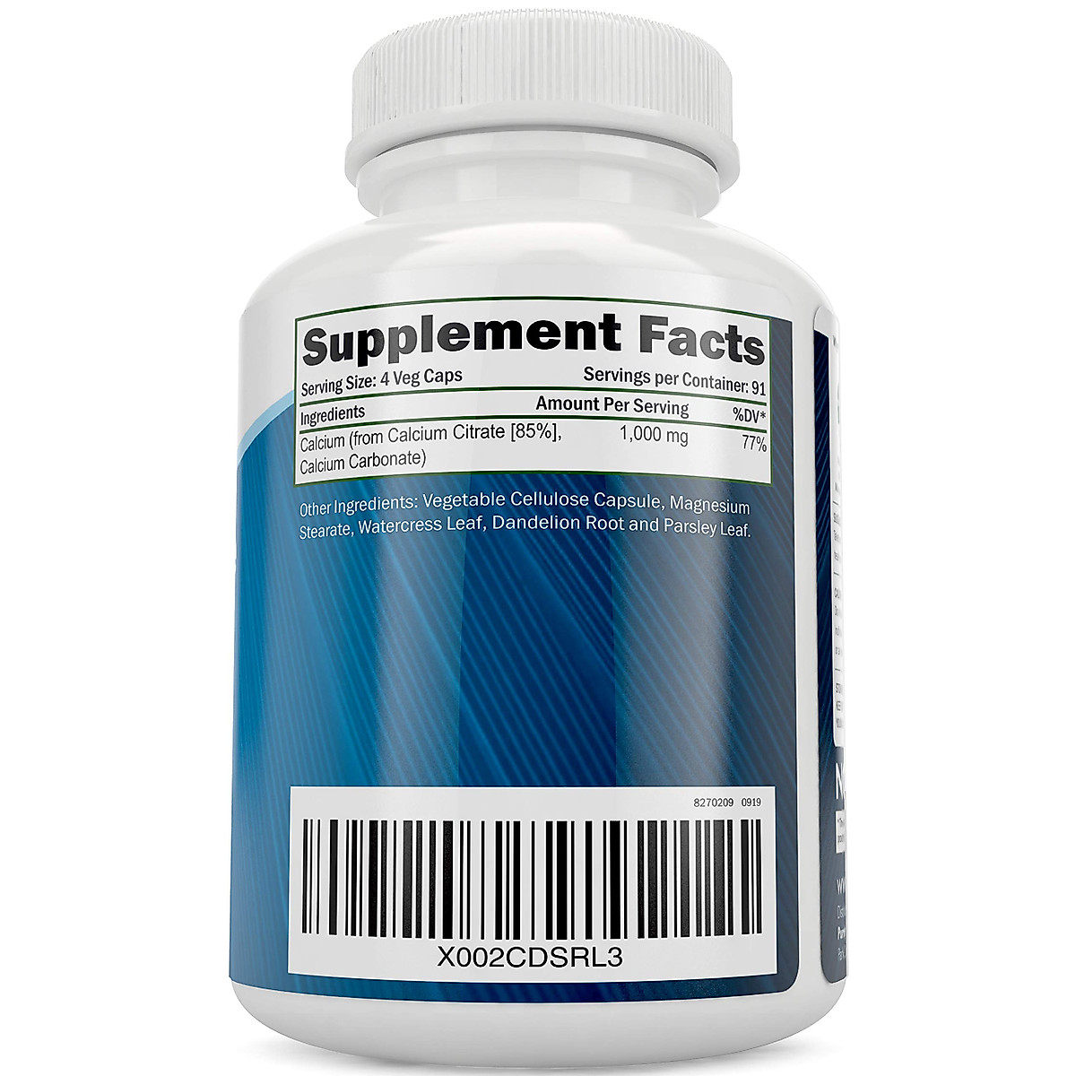 Calcium Citrate 1000mg - 365 Vegan Capsules not Tablets with Added Parsley, Dandelion and Watercress - Without Vitamin D - Made in The USA by Purely Holistic