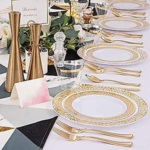 WELLIFE 350 Pieces Gold Plastic Dinnerware,Disposable Gold Lace Plates, Include:50 Dinner Plates,50 Dessert Plates, 50 Pre Rolled Napkins with Gold Silverware and 50 Cups