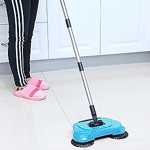 Foldable Hand Push Automatic Sweeper, Dry Sweep and Wet Drag 2 in 1 Sweeper, Home Sweeping Mopping Machine, Floor Sweeper with 2 Corner Edge Brushes for Pet Hair, Food, Dirt (Blue)