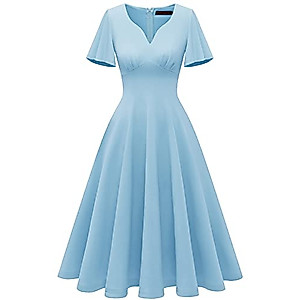 Church Dress Fit and Flare Modest Tea Party Dresses for Women, Tea Length Prom Graduation Homecoming Dress for Junior Teen, Semi Formal Wedding Guest Dress, Aline Cocktail Party Dress Blue L