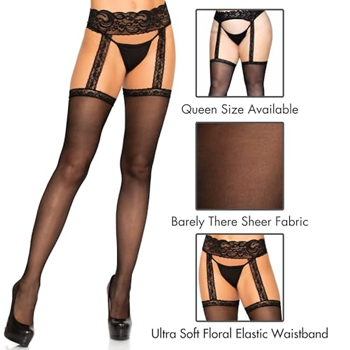 Leg Avenue womens Sheer Stockings With Attached Garter Belt Hosiery, Black Lace, Queen US