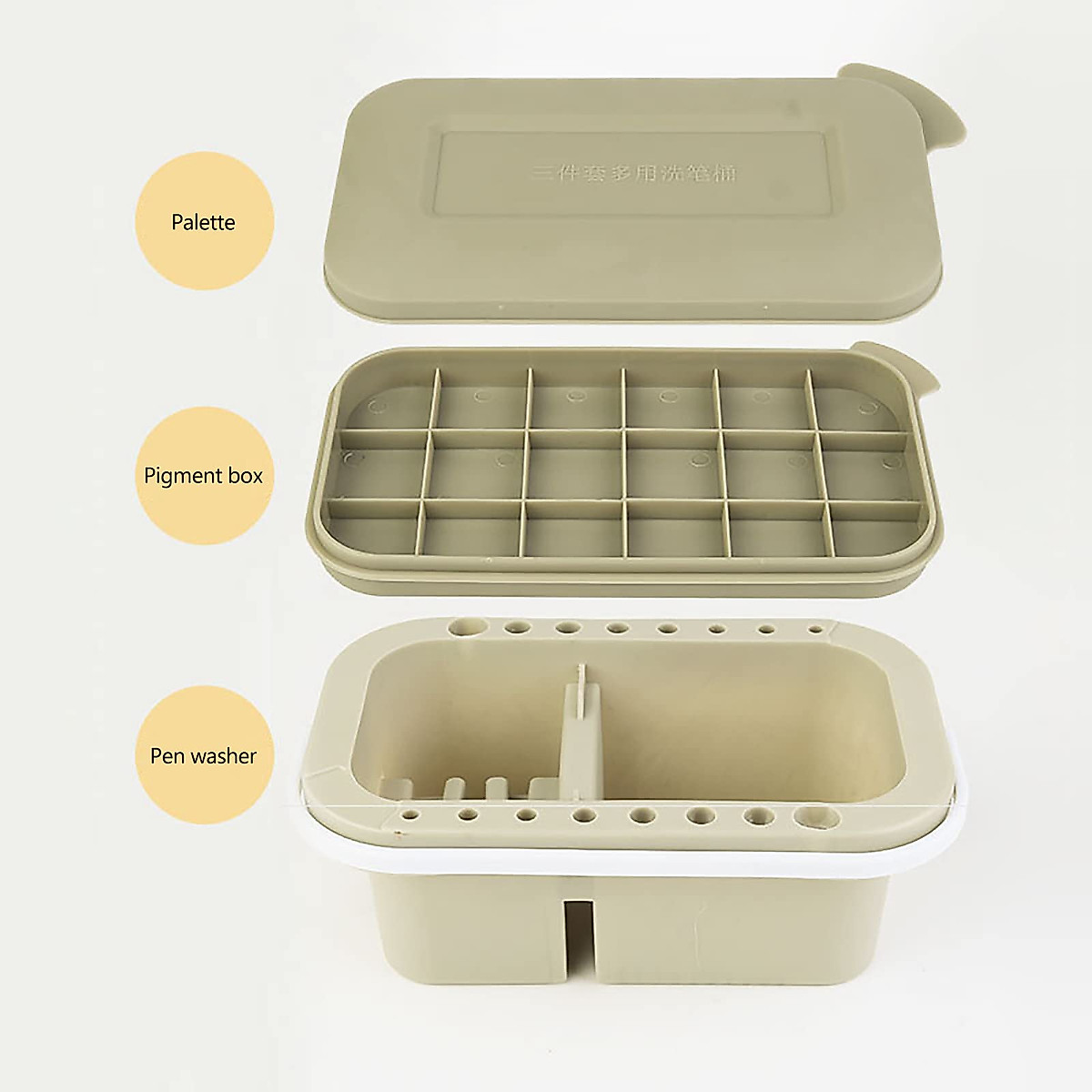 Multi-Use Paint Brush Basin with Brushes Holder, Multifunctional Three-piece Bucket, Washer, Trays, Palette Box, Artist Cleaner Cup for Watercolor Oil Gouache Painting with Lid, Paint Wash Pen Holder