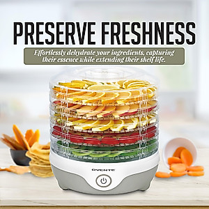 OVENTE Food Dehydrator Machine with 5 Stackable Clear Trays and Drying Space, 240W Electric Food Preserver and Dryer for Snacks, Beef Jerky, Fruits, Veggies, Yogurt and Herbs, Grey DF215GY