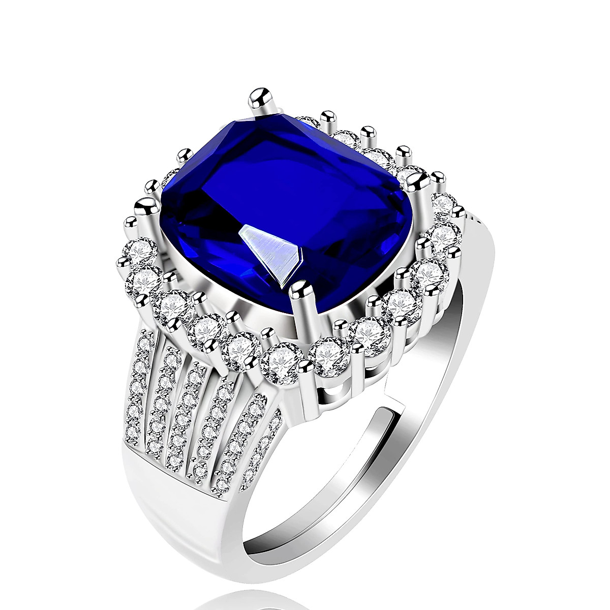 Uloveido Platinum Plated Cushion Cut 5 Carat Simulated Sapphire Ring, Blue Cubic Zirconia Adjustable Birthstone Rings Wedding Women Y987