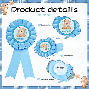 4pcs Bear Theme Mom to Be Sash baby shower Dad to Be Pin and blue Flower Crown for Gender Reveal Party Baby Shower Decorations for boys Pregnancy Props Keepsake Gifts