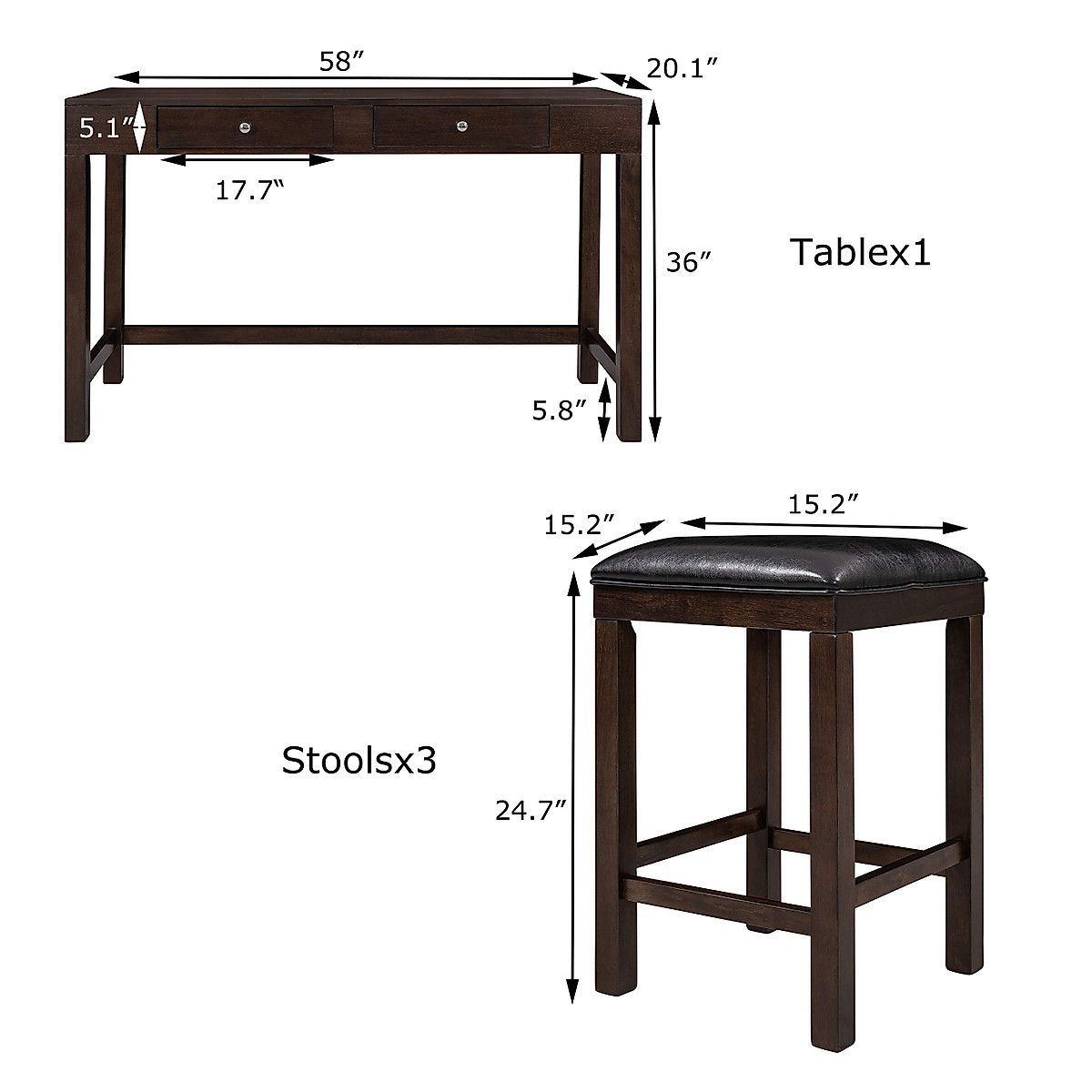 Merax 4-Piece Counter Height Bar Table Set with Socket and 2 Drawers, Mulitpurpose Rustic Bar Dining Table Set with 3 PU Leather Padded Stools, Espresso
