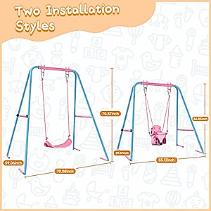 Kiriner Swing Set Outdoor Swings for Kids Toddlers with Waterproof Metal A-Frame, 4 Anchors, Two Swing Seats Swing Sets for Backyard Playground Pink&Blue