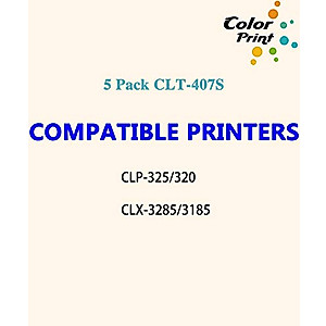 5-Pack ColorPrint Compatible CLP325 Toner Cartridge 407S Replacement for Samsung CLT407S CLT-407S CLP-325 fit for CLP-320 CLP-320N CLP-321N CLP-325W CLX 3180 CLX-3185N 3185FW Printer (2BK, 1C, 1M, 1Y)