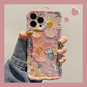 EYZUTAK Case for iPhone 13, Colorful Retro Oil Painting Printed Flower Laser Beam Glossy Pattern Cute Curly Waves Border Exquisite Phone Cover Stylish Durable TPU Protective Case for Girls Women -Pink