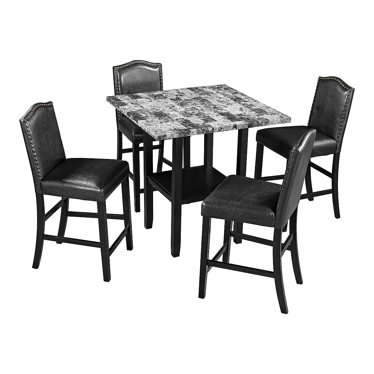 XD Designs 5 Piece Dining Set for Dining Room Wood Marble Veneer Dining Table with Bottom Shelf 4 PU Leather Chairs WNail Head Trim Small Spaces Gray Grey