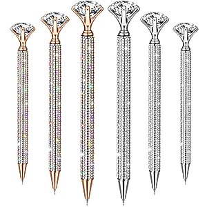 6 Pcs Big Diamond Pens with Crystal Bling Rhinestone Pen Metal Diamond Ballpoint Pens Glitter Wedding Bridal Shower Favors Diamond Black Ink Pens for Birthday Gift Supplies (Silver, Rose Gold)