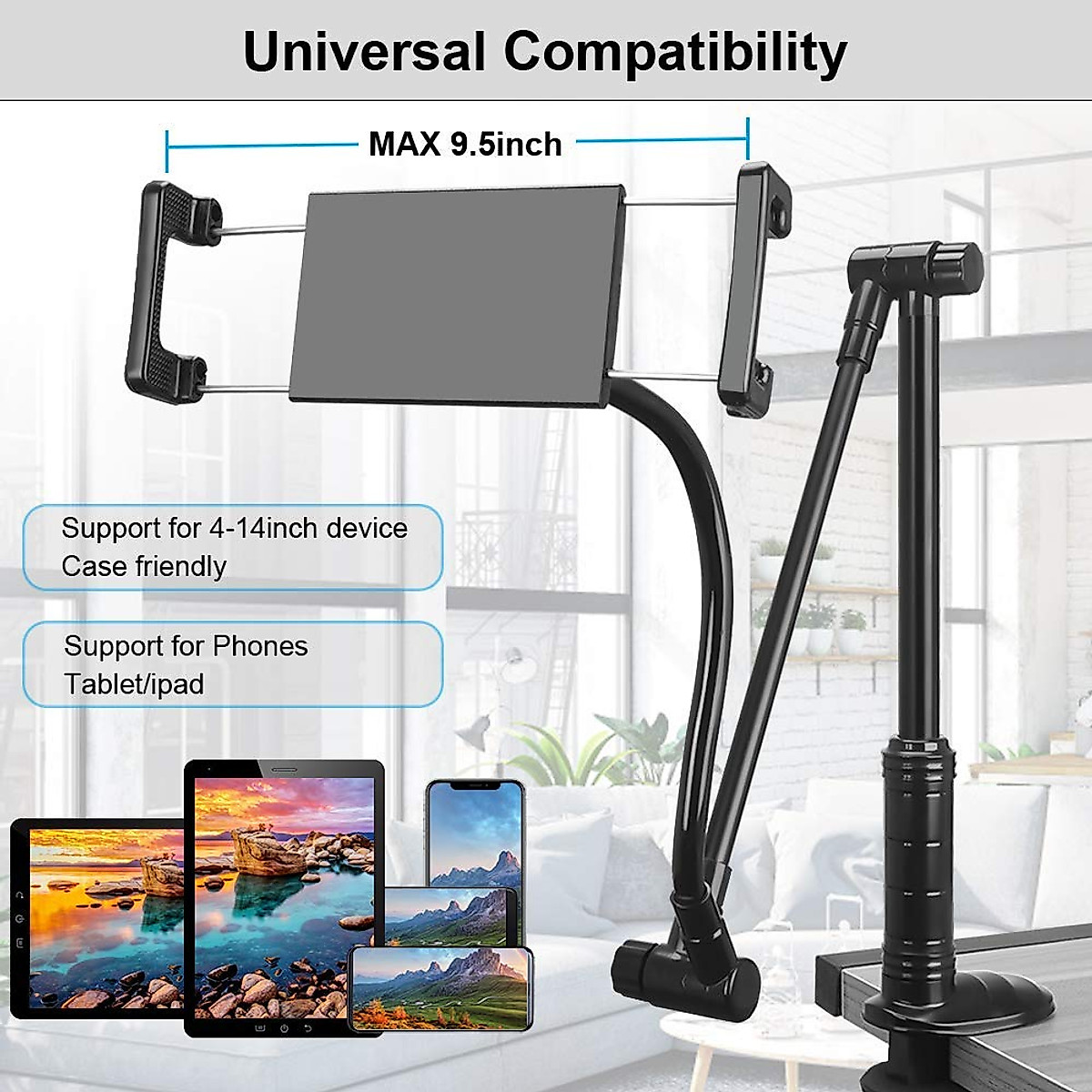 Aqonsie Phone Holder Bed Gooseneck Mount Clip with 360° Rotation Flexible & Hard Arm Bracket Compatible with iPad,Tablet,4-14" Phones, Foldable Tablet Stand for Desk Bed Kitchen Office