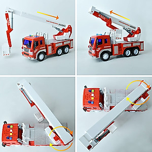 Fire Truck Toys with Siren Lights and Sounds, 1:16 Scale Fire Engine Truck for 3-5 year old Boys Extending Rescue Rotating Ladder Pull Back Toy Trucks for Kids 3 4 5 6 7 8 Years Old Birthday Xmas Gift