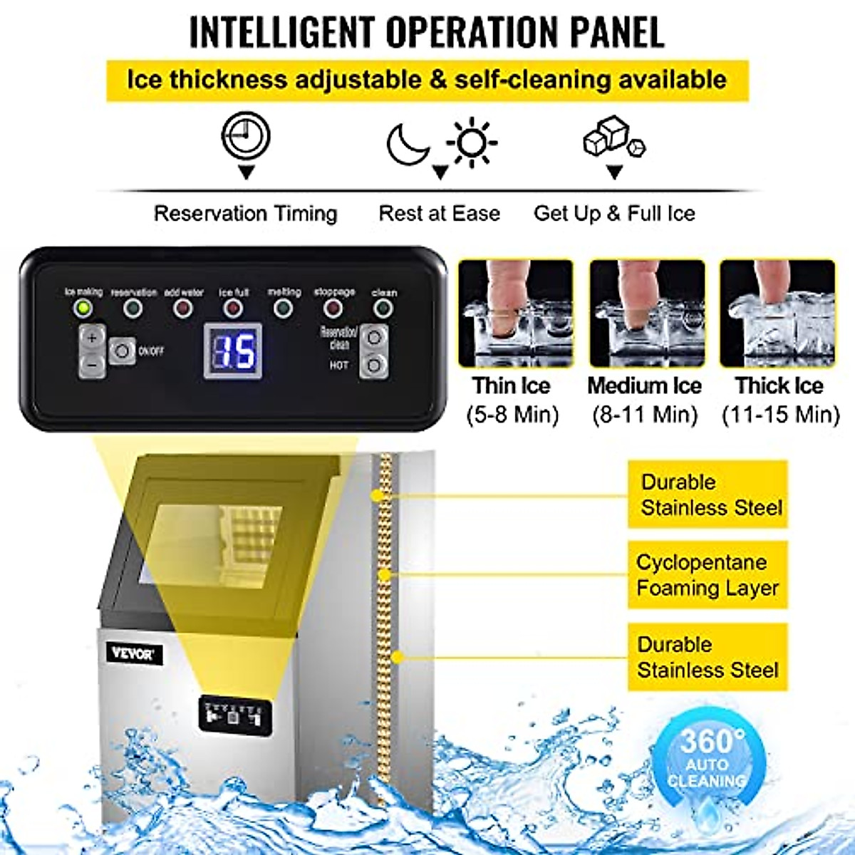 Happybuy Commercial Ice Maker Machine, 100 lbs/24h Stainless Steel Under Counter Ice Maker with 22lbs Storage Bin, 4x8 Cubes Ready in 15 Mins, Water Filter & Scoop Included, for Bar Office Coffee Shop