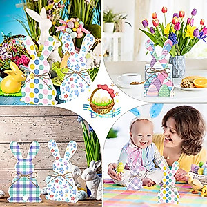 5 Pcs Easter Bunny Table Wooden Signs Buffalo Plaid Spring Bunny Centerpiece Tabletop Rabbit Easter Party Wood Ornament Reversible Dining Room Double Printed Freestanding Table Decor with Rope