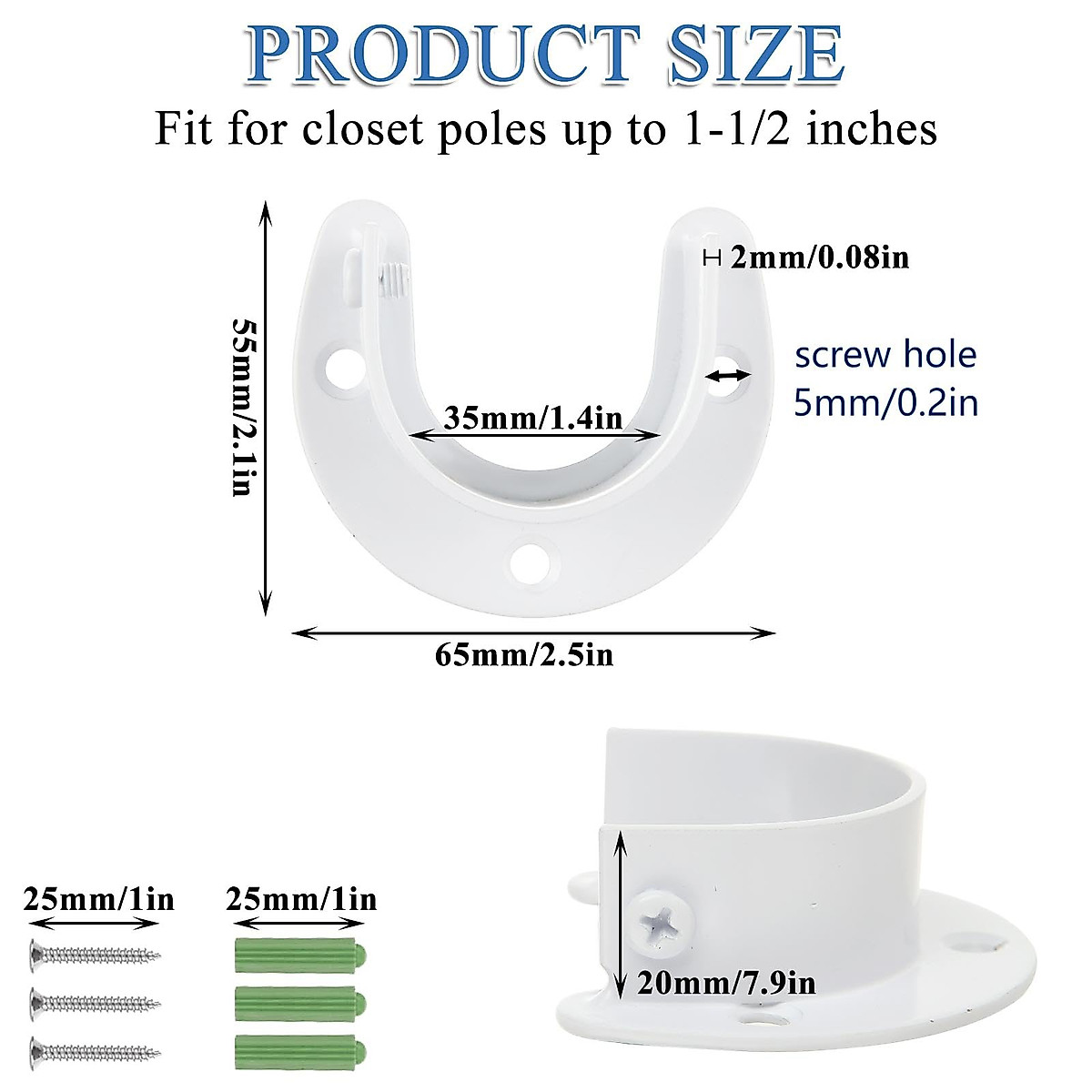 LDXDRU 10Pcs Closet Rod Bracket, 1-1/2" Diameter Closet Rod Holders, Stainless Steel Closet Rod End Supports, U Shaped Closet Pole Sockets Opening Flange Rod Bracket with Screws, Curtain Rod Holder