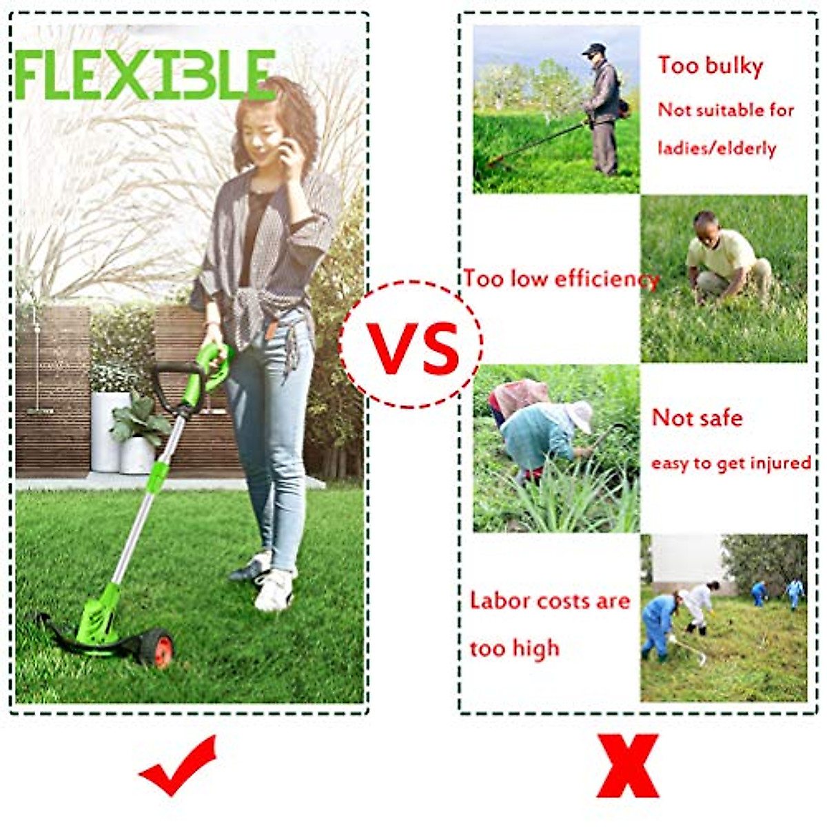 Electric Grass Trimmer , Cordless Lawn Mower with Wheel , 23cm Cutting Width（2 Lithium-Ion Battery & Quick Charger） Green