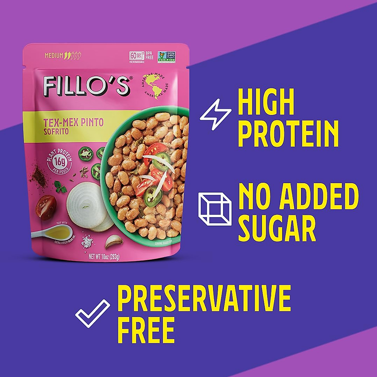 Fillo's Tex Mex Pinto Beans - Ready to Eat Beans, Gluten-Free, Preservative-Free, Microwavable, Non-GMO, Vegan Friendly, Plant Protein, 10 oz Pk of 6