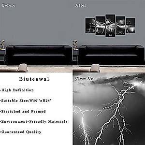 Biuteawal - Black and White Wall Art Nature Lightning Strikes in The Clouds Painting on Canvas Storm and City Night View Picture Print for Home Office Living Room Decoration Wall Decor
