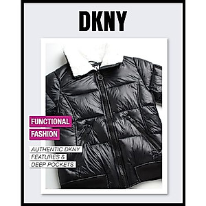 DKNY Girls' Winter Coat - Insulated Quilted Puffer Bomber Coat - Outerwear Jacket for Girls, Sherpa Collar/Cuffs (8-16), Size 10-12, Black