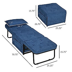 HOMCOM Ottoman Sofa Bed, 4 in 1 Multi-Function Button Tufted Folding Sleeper Chair Bed with Adjustable Backrest, Pillow, Side Pocket for Home Office, Bedroom, Living Room, Blue