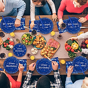 Tevxj Birthday Party Tableware Set, 96PCS Navy Blue and Silver, Disposable Plates, Napkins, Forks for 24 Guests, Place Setting for Men and Boys
