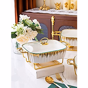 HONHPD 3 Piece Set Chafing Dish Buffet Set, Ceramics Chafer with Imitation Marble Finish, Chafer and Buffet Warmer Set for Buffet Weddings,Parties, Banquets,Catering Events,Golden