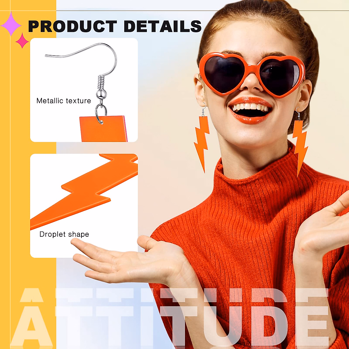 Yinkin 6 Pairs 80s 90s Neon Earrings for Women Retro Neon Earring for 80s 90s Women Outfit Accessories, 6 Colors(Lightning)