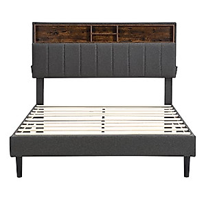 Merax Modern Upholstered Platform Bed with Storage Headboard and USB Port Wood Bed Frame No Box Spring Needed/Easy Assembly Queen, Gray